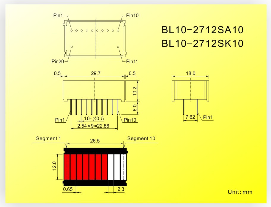 BL10-2712SX10 * 10段27mm长黄色 LED光柱显示器件-化工仪器网